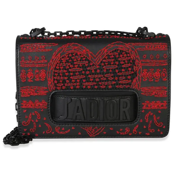 Dior Red Embroidered Heart Clover Beaded Jadior Chain Flap Bag - Black