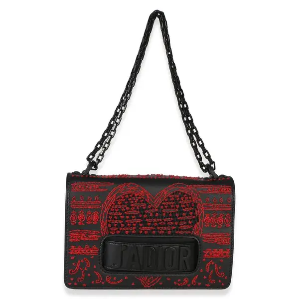 Dior Red Embroidered Heart Clover Beaded Jadior Chain Flap Bag