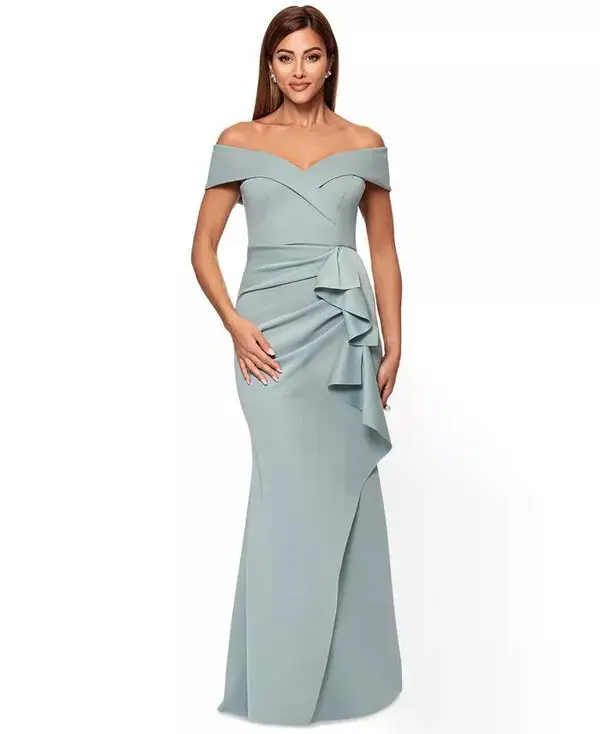 Xscape Scuba Off-the-shoulder Gown - Sage
