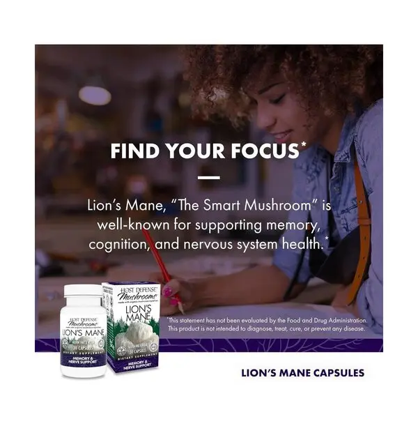 Host Defense Mushrooms Lion's Mane Brain Health Support Supplement Mushroom Supplement To Support Focus & Memory Function