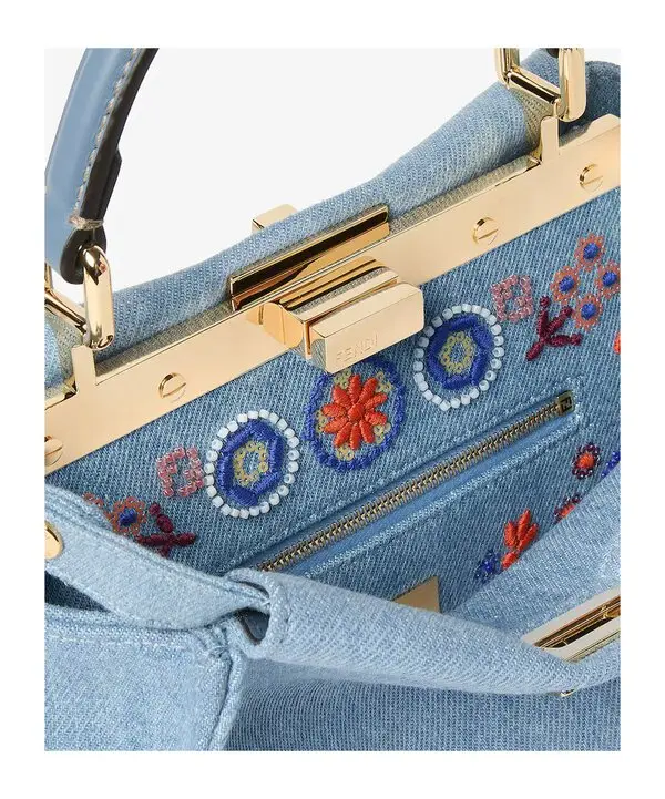 Fendi Mini Peekaboo Embroidered Tote Bag - Light Blue