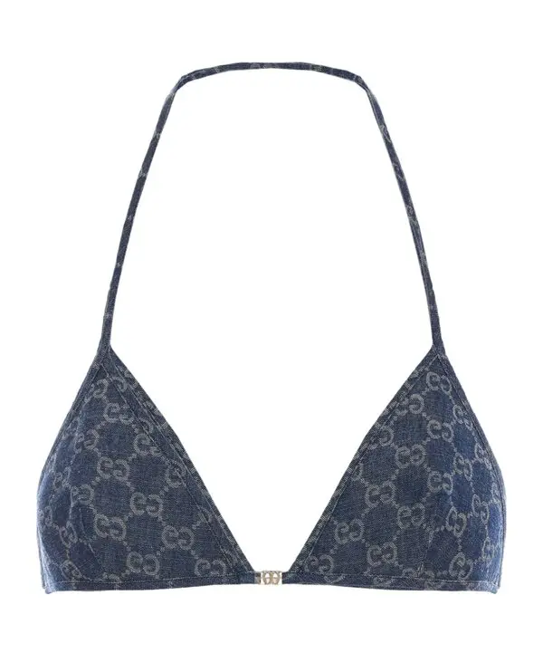 Gucci Gg Denim Jacquard Triangle Bikini Top With Neck Tie - Blue