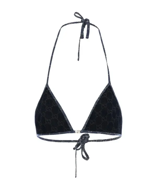 Gucci Gg Denim Jacquard Triangle Bikini Top With Neck Tie - Blue