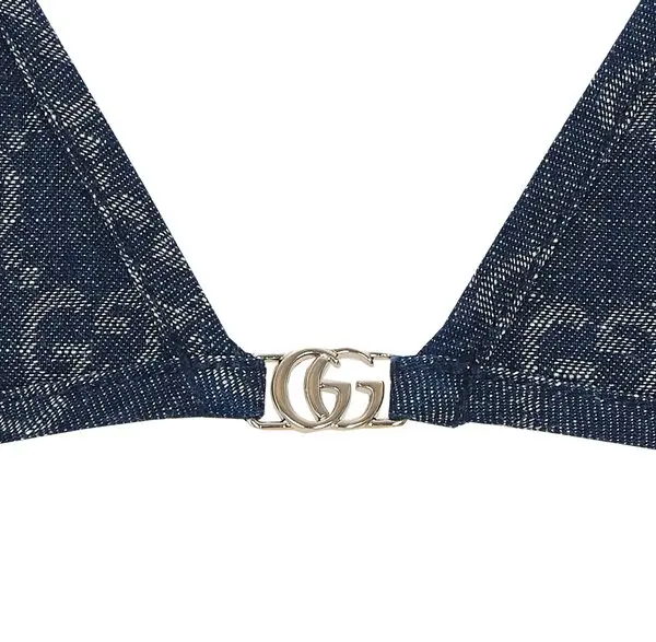 Gucci Gg Denim Jacquard Triangle Bikini Top With Neck Tie - Blue