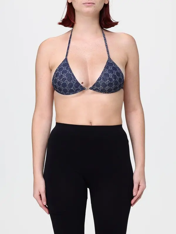 Gucci Gg Denim Jacquard Triangle Bikini Top With Neck Tie