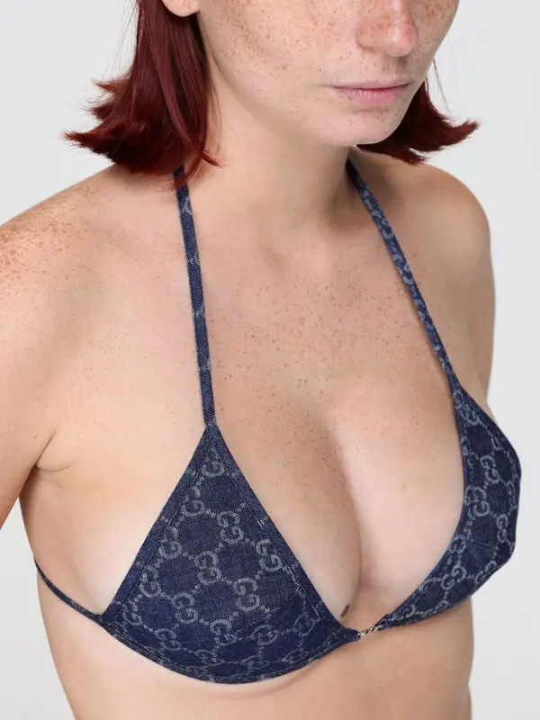 Gucci Gg Denim Jacquard Triangle Bikini Top With Neck Tie