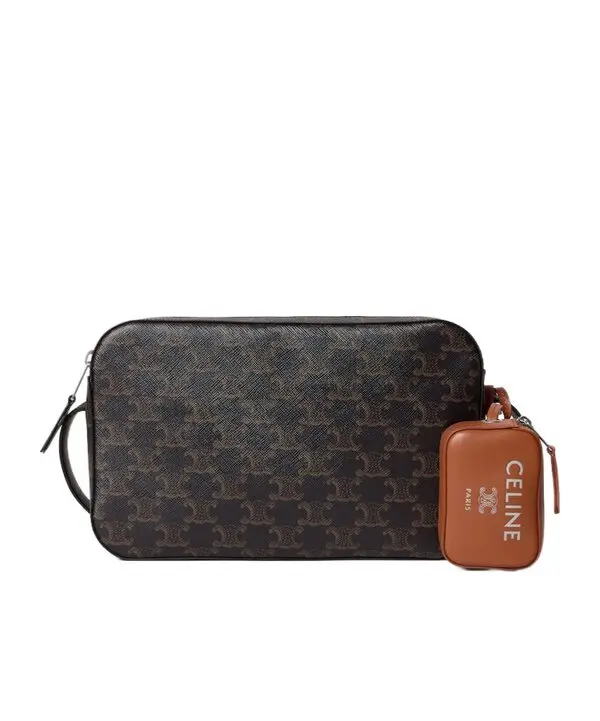 Celine Messenger Bag With Charm In Triomphe Canvas And Smooth Lambskin - Black/tan