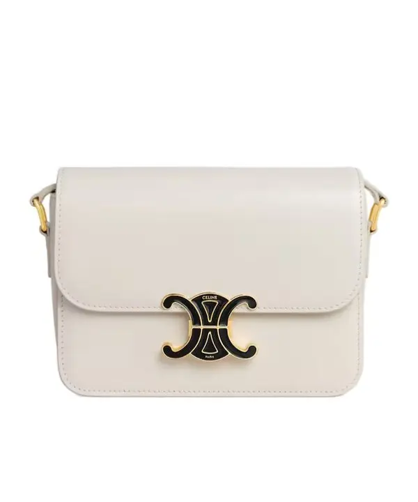 Celine Teen Triomphe Bag In Shiny Calfskin With Enamel Closure - White/black