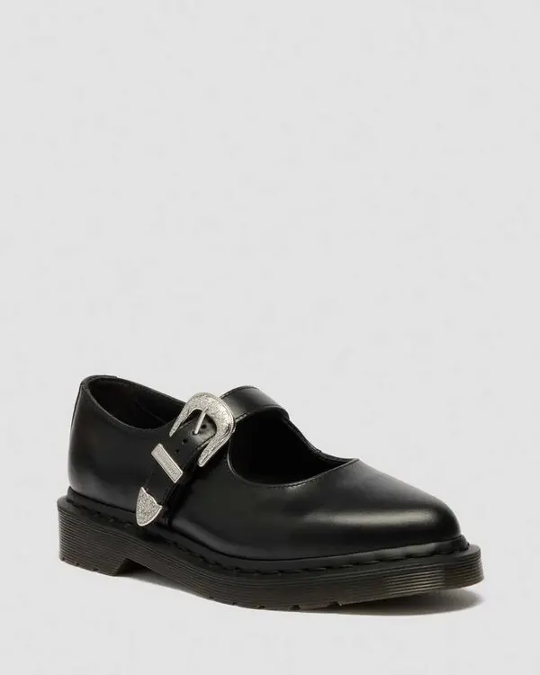 Dr. Martens Elphie Mary Jane Buckle Atlas Leather Shoes - Black