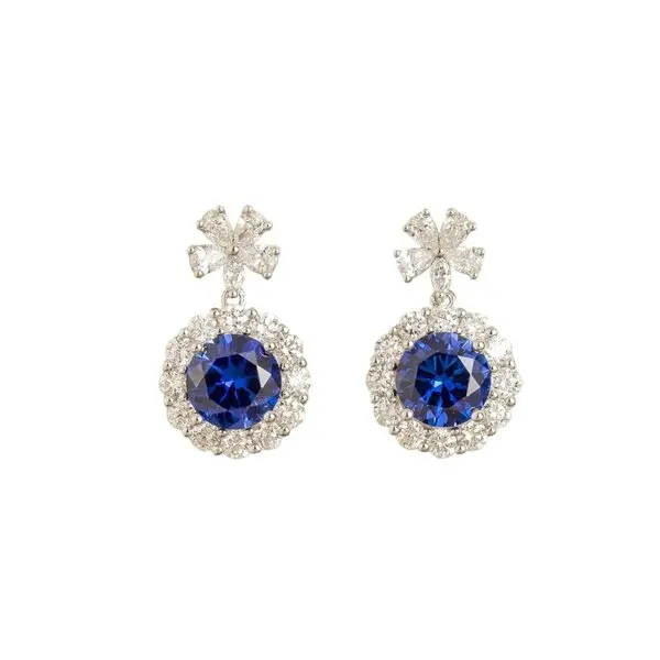 JUVETTI  Blue / White / Silver Round Blue Sapphire Halo Pendant Earrings With Flower Bail In White Gold - Blue/white/silver