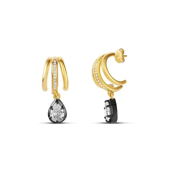 SHYMI Gold / Black Triple Statement Huggies With Fancy Shape Drop Pear - Gold/black