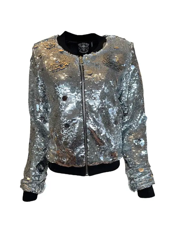 ANY OLD IRON Silver / Black Petal To The Metal Silver Sequin Bomber Jacket - Silver/black