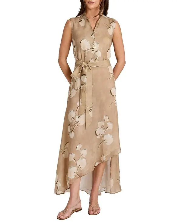 Santorelli Carson Sleeveless Hi-lo Midi Dress In Floral Printed Voile - Chai