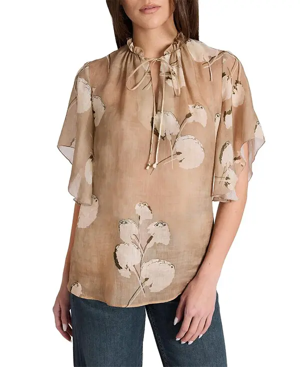 Santorelli Guita Flutter Sleeve Blouse In Floral Voile - Chai