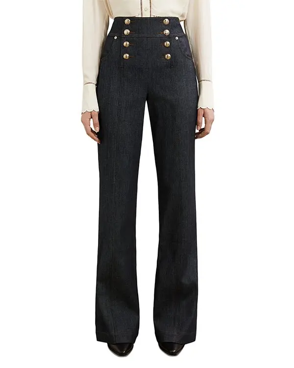 REISS Skylar Button Fly Mid Rise Flare Leg Jeans - Dark Blue