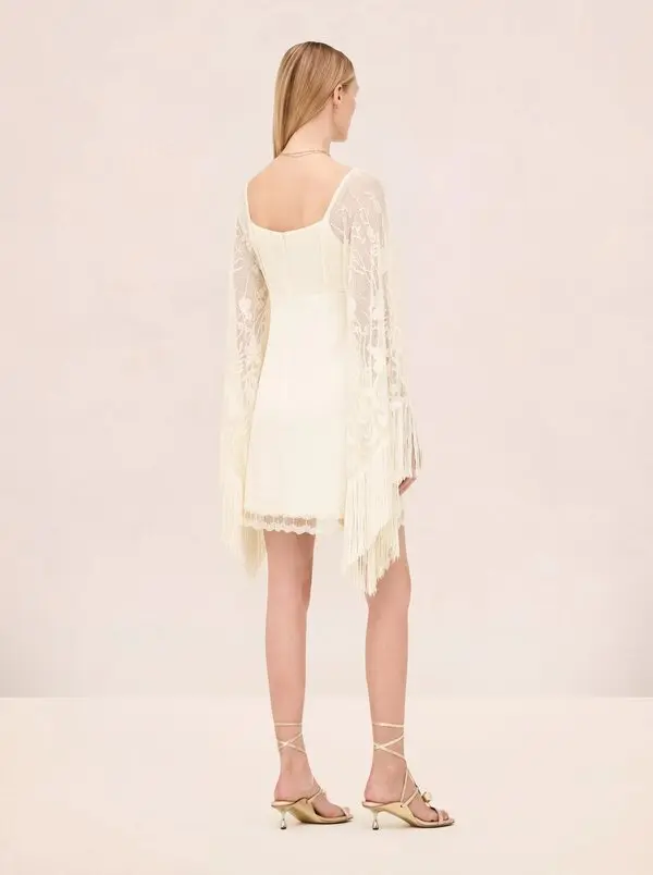 Alexis Lidoria Mini Dress With Lace Sleeves And Fringe Trim