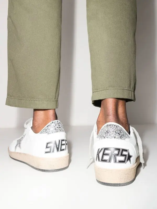 GOLDEN GOOSE Ball Star Leather Sneakers With Glitter Accents - Silver