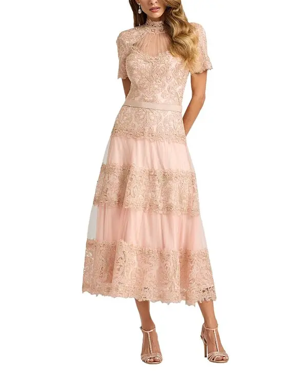 Tadashi Shoji Stelly Lotus Embroidered Tulle Midi Dress - Petal/gold