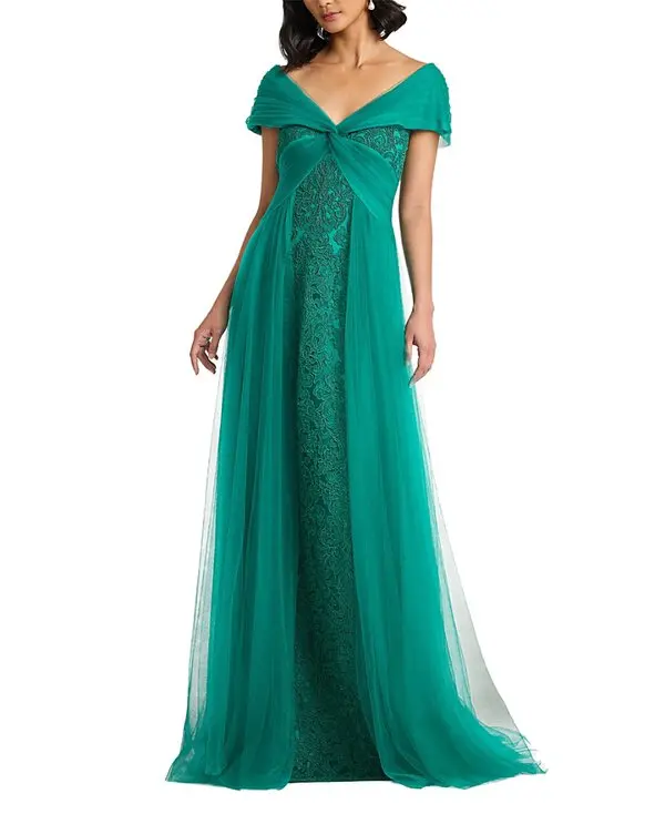 Tadashi Shoji Parello Lotus Embroidered Tulle Gown - Emerald