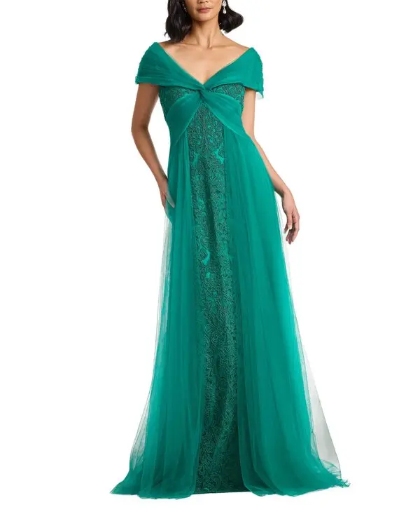 Tadashi Shoji Parello Lotus Embroidered Tulle Gown - Emerald