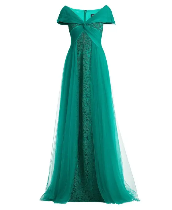 Tadashi Shoji Parello Lotus Embroidered Tulle Gown - Emerald