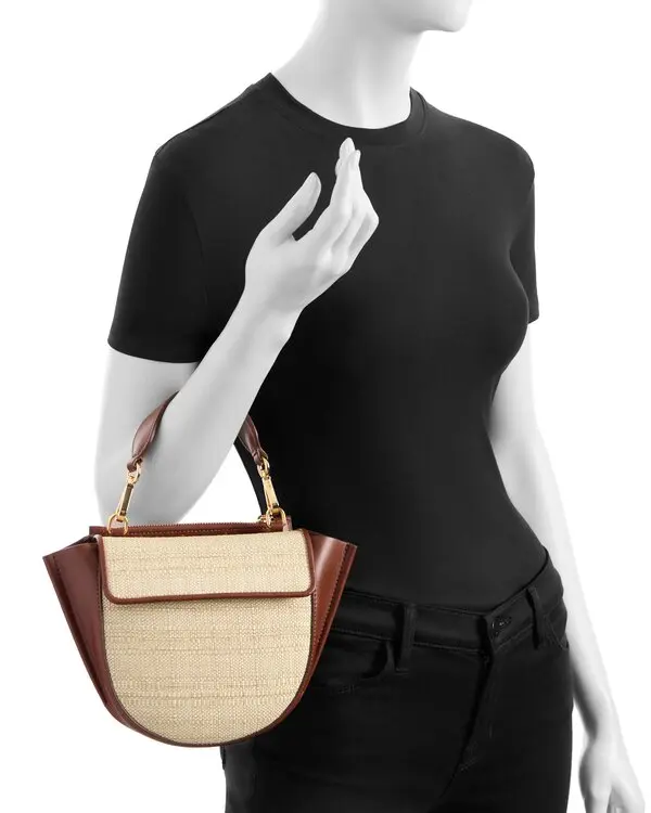 WANDLER Hortensia Mini Raffia & Leather Top Handle Bag