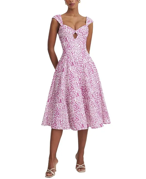 MISS CIRCLE Wynonna Cheetah Linen Keyhole Midi Dress - Purple