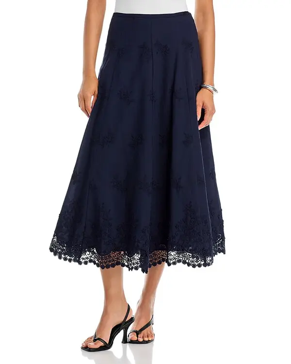 Aqua Embroidered Midi Skirt - Navy