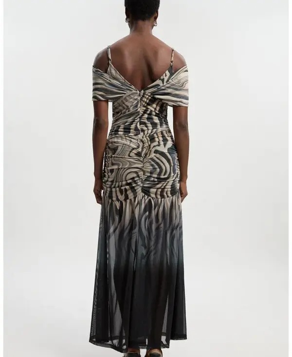 Karen Millen Marble Print Mesh Plunge Maxi Dress