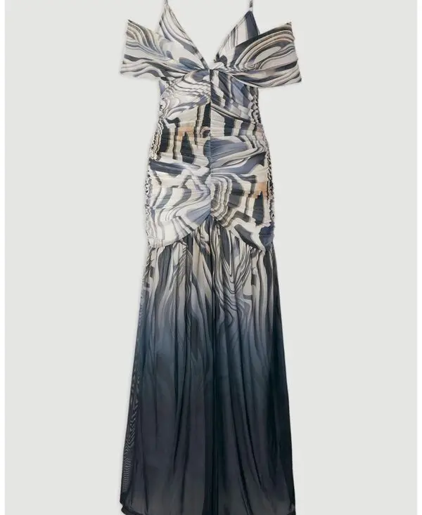 Karen Millen Marble Print Mesh Plunge Maxi Dress