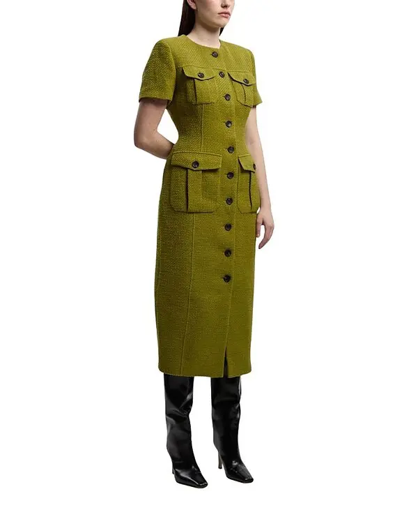Karen Millen Textured Tweed Tailored Midi Dress - Olive