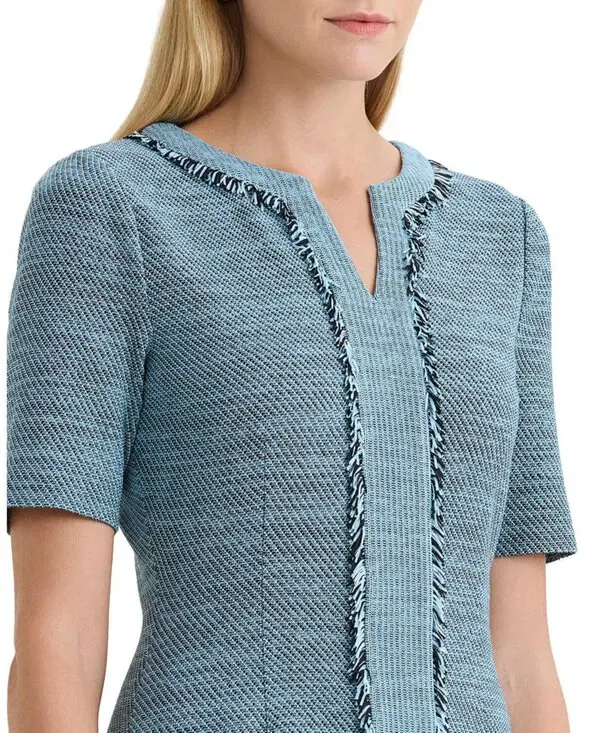 Ming Wang Tweed Knit Fringe Accent Sheath Dress