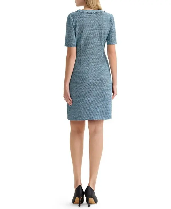 Ming Wang Tweed Knit Fringe Accent Sheath Dress