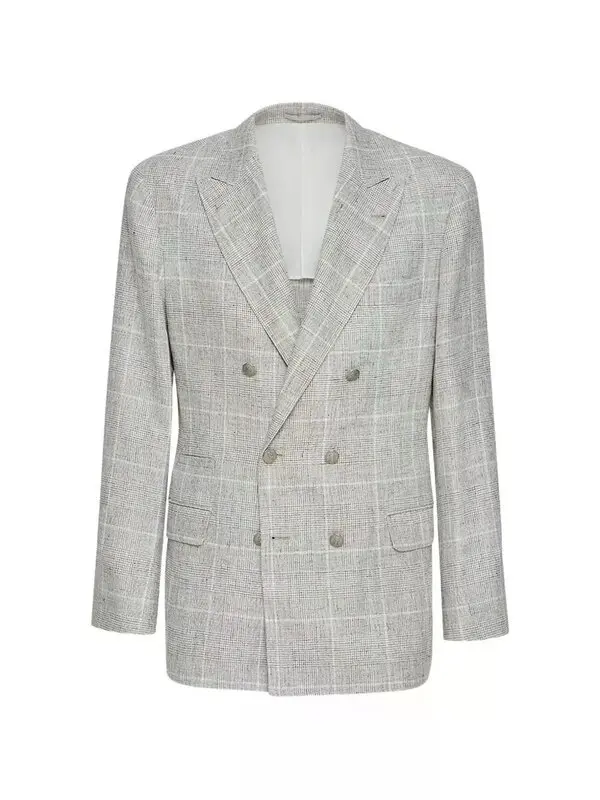 Brunello Cucinelli Linen Prince Of Wales One-and-a-half Breasted Deconstructed Blazer With Metal Buttons - Grey