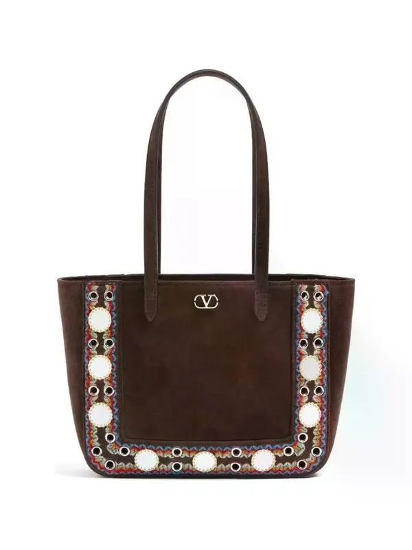 Valentino Garavani Suede Shopping Bag With Embroidered Trim - Brown