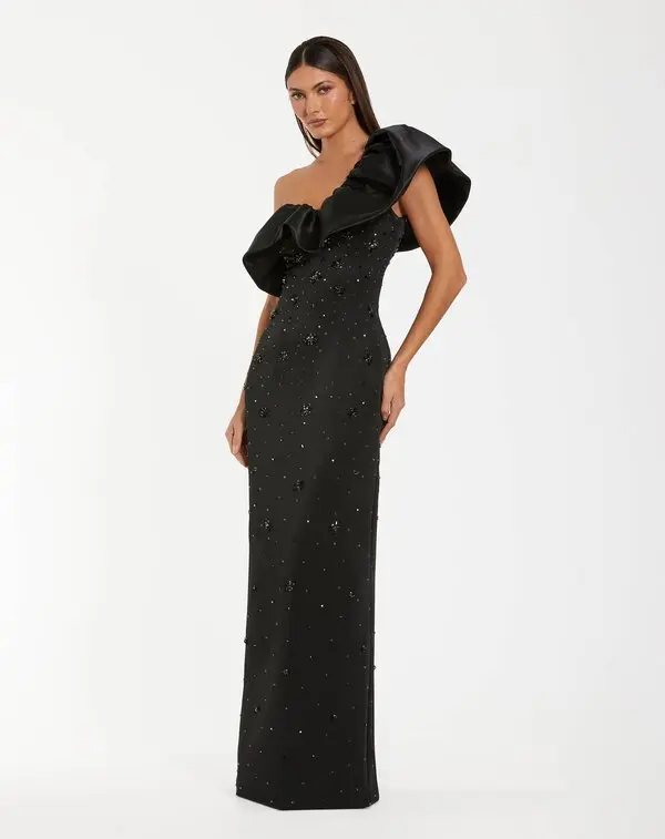 Mac Duggal Beaded Crepe One-shoulder Gown With Satin Ruffle - Black