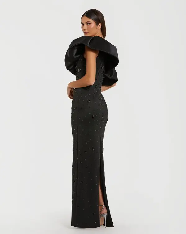 Mac Duggal Beaded Crepe One-shoulder Gown With Satin Ruffle