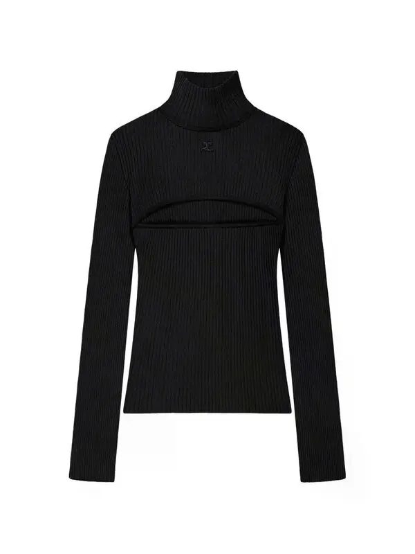 COURREGES Ribbed Knit Mock Neck Sweater With Slash Detail - Black