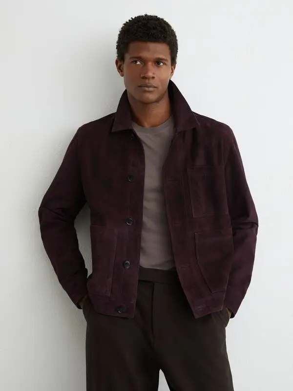 REISS Wilstead Suede Button-through Trucker Jacket - Red