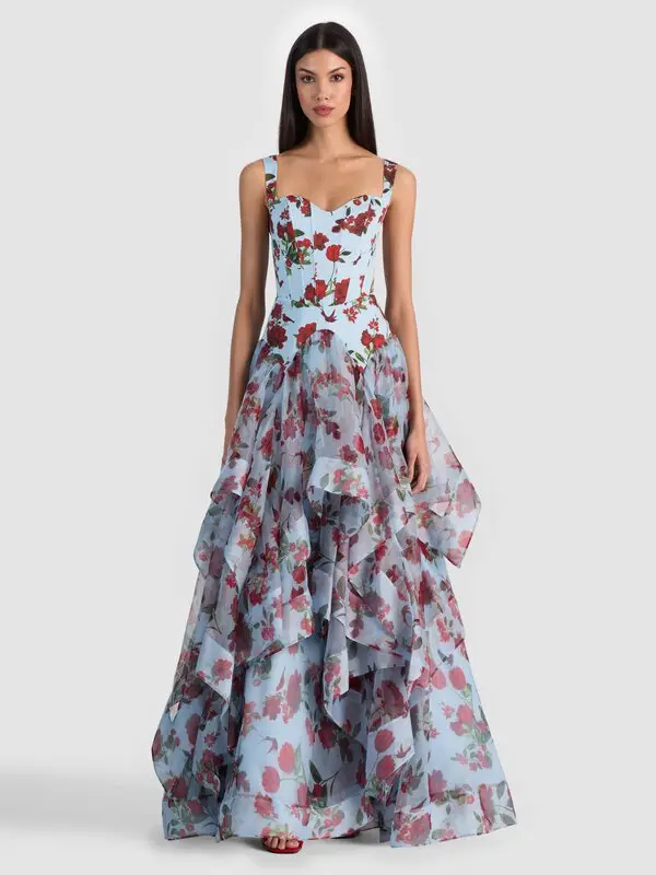 Alice + Olivia Dorothea Printed Ballgown - American Beauty Carolina Blue