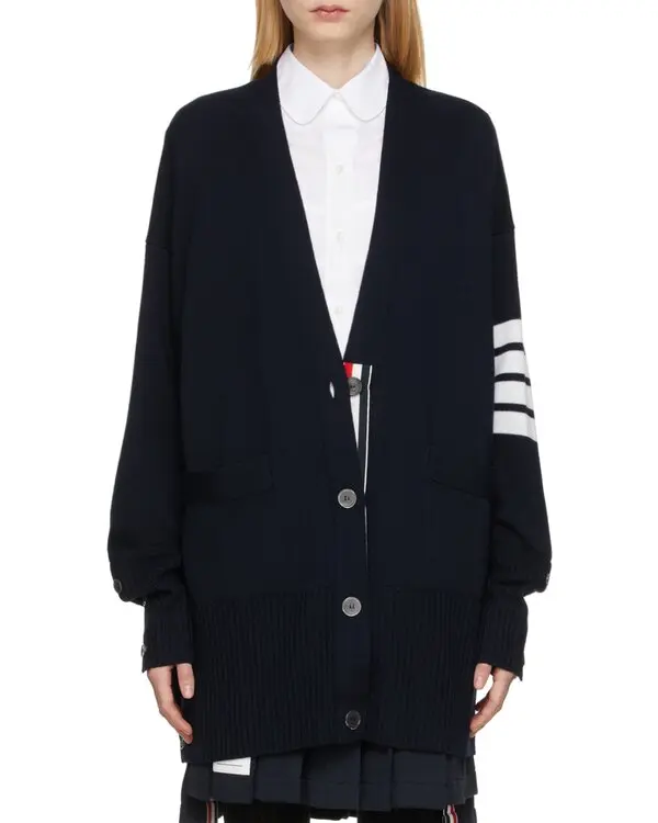 Thom Browne 4-bar Stripe V-neck Cardigan - Navy Blue