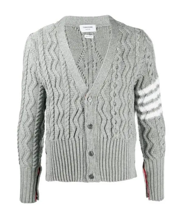 Thom Browne 4-bar Aran Cable Knit Cardigan - Light Gray