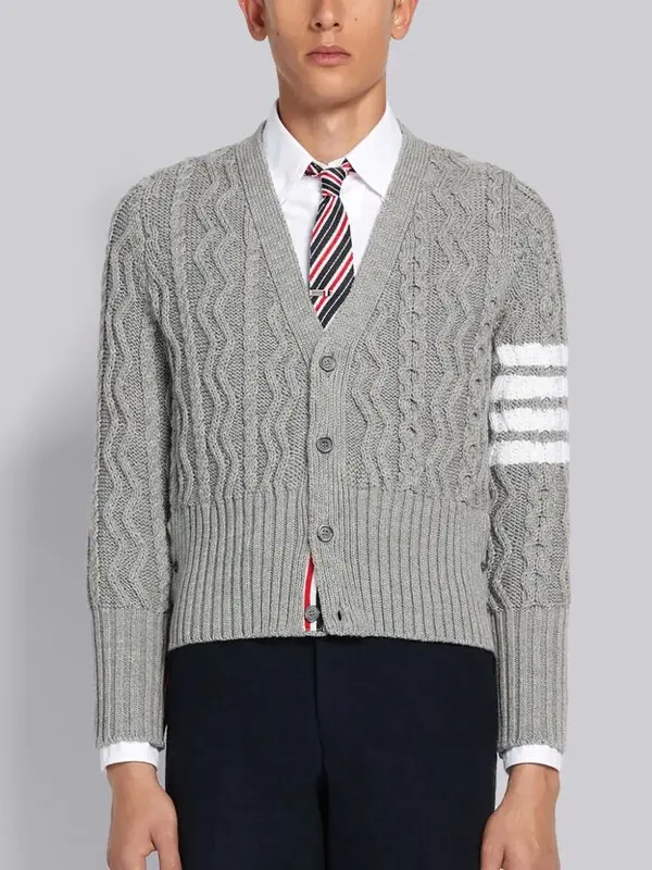 Thom Browne 4-bar Aran Cable Knit V-neck Cardigan