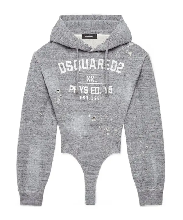 Dsquared2 Logo Printed Hooded Distressed Bodysuit - Gray