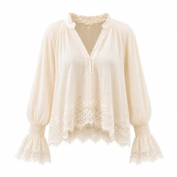 IZABELA MANDOIU Elegant Ivory Bohemian Blouse With Delicate Lace Embroidery And Romantic Bell Sleeves - White
