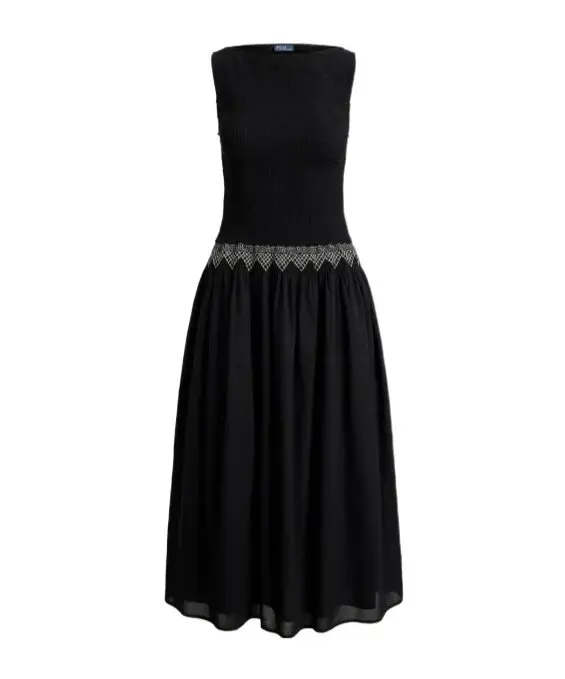 Polo Ralph Lauren Shirred-trim Midi Dress - Black
