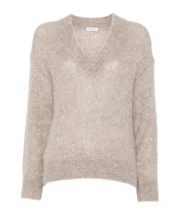 Brunello Cucinelli Sequin-embellished V-neck Sweater - Nude