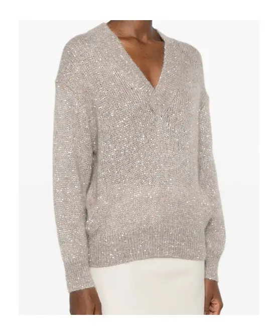 Brunello Cucinelli Sequin-embellished V-neck Sweater - Nude