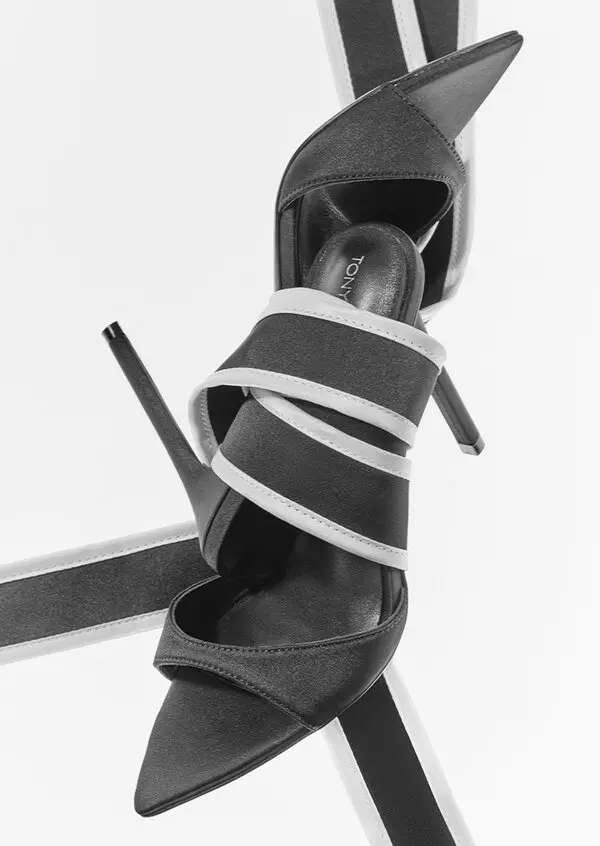 TONY BIANCO Sculptural Stiletto Heel With Wraparound Ankle Ties - Black Jersey/black White