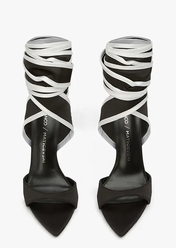TONY BIANCO Sculptural Stiletto Heel With Wraparound Ankle Ties - Black Jersey/black White